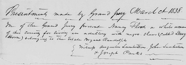The 1838 Indictment of Nancy Flood for Cohabiting with an Enslaved ...
